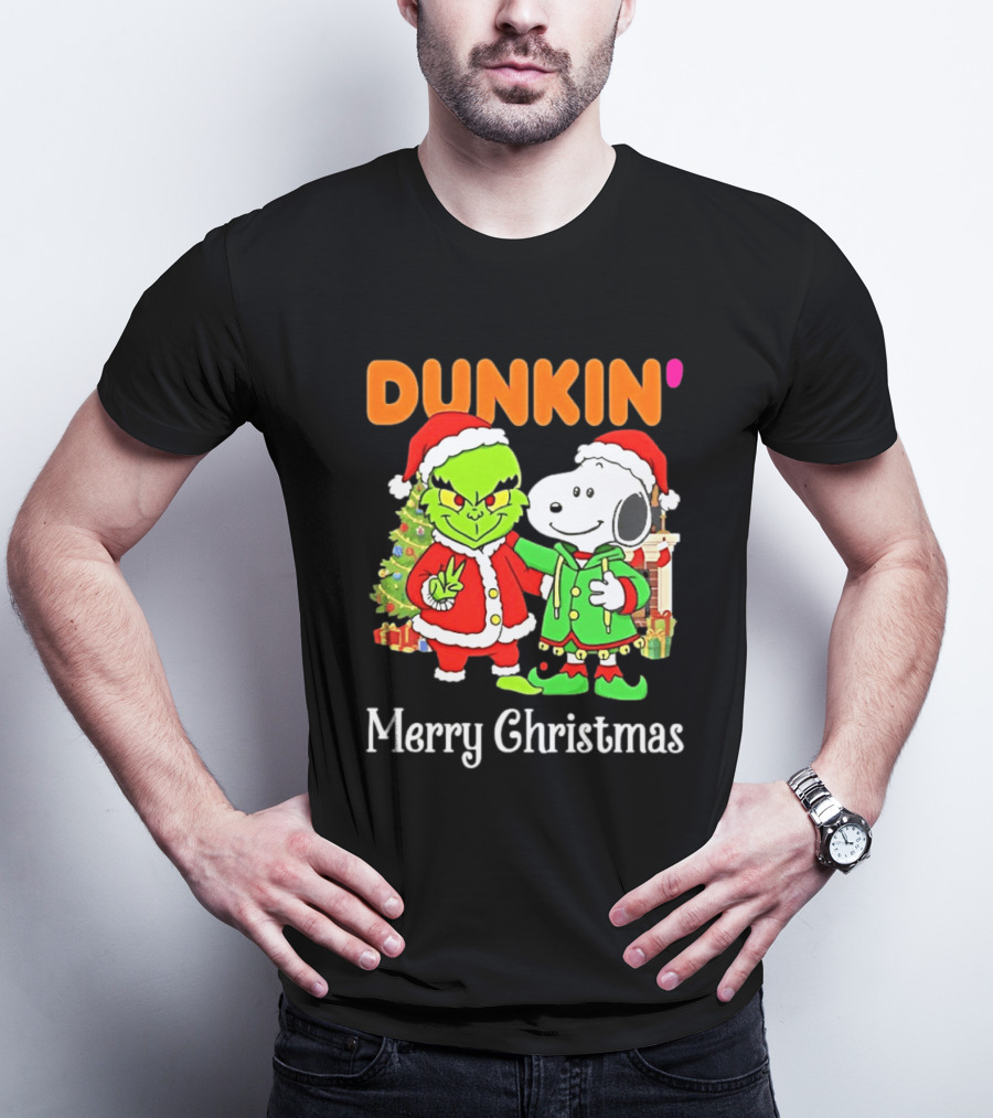 Dunkin Merry Christmas Grinch Snoopy Santas T-Shirt