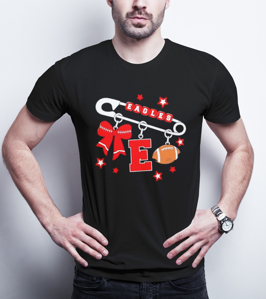 Eagles Safety Pin Charm Football Bow Letter E Stars T-Shirt