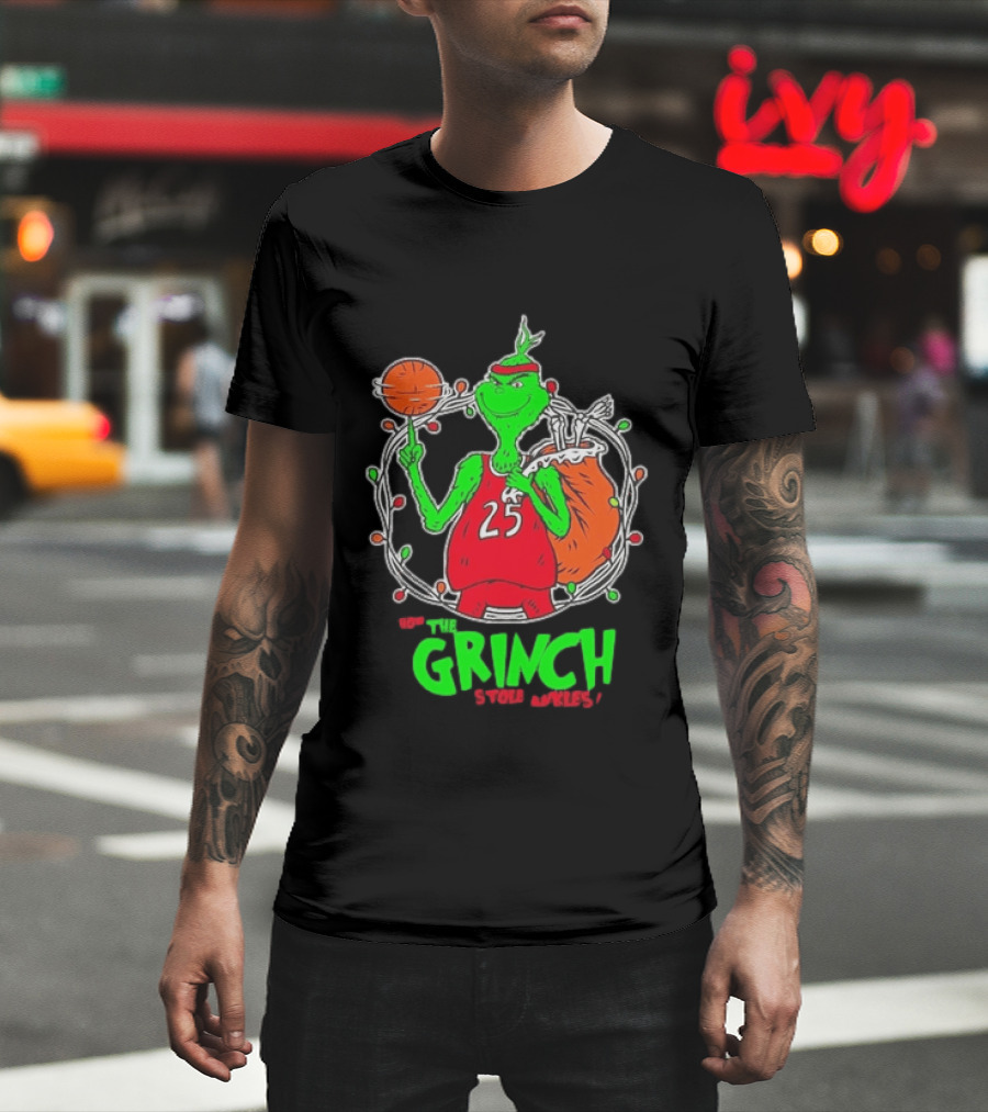 The Grinch Basketball Christmas Lights Jersey 25 Stole Ankles Green T-Shirt