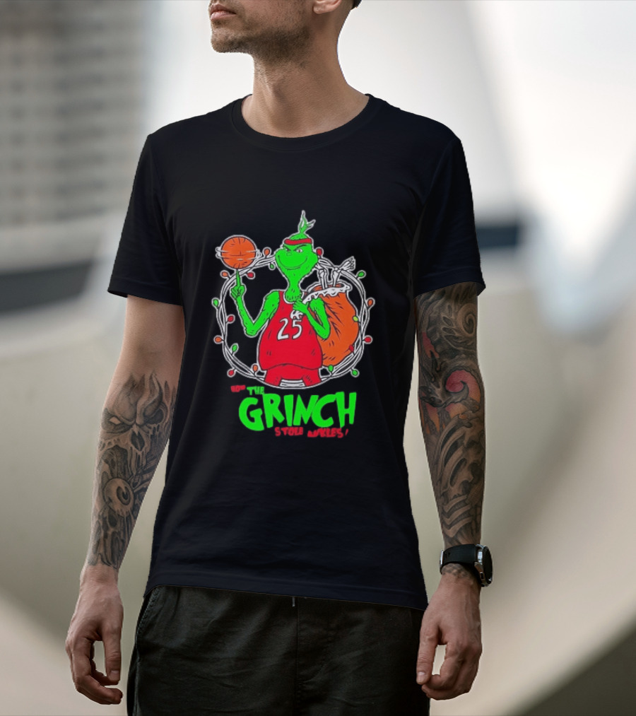 The Grinch Basketball Christmas Lights Jersey 25 Stole Ankles Green T-Shirt