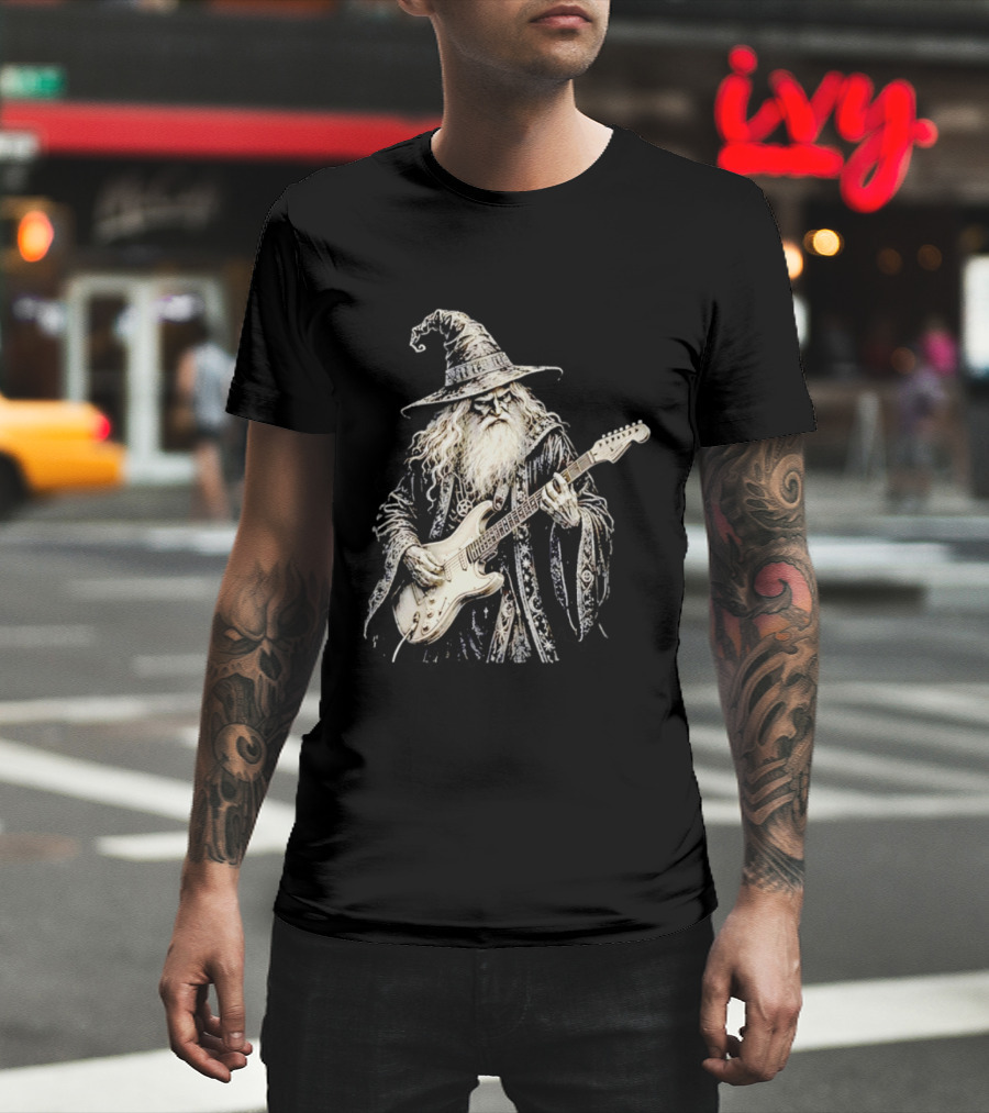 Wizard Playing Electric Guitar Fantasy Musician Magical Rock Legend T-Shirt