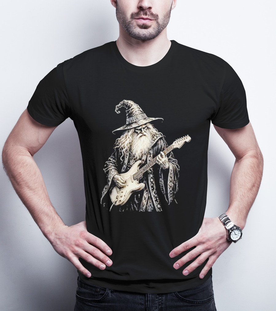Wizard Playing Electric Guitar Fantasy Musician Magical Rock Legend T-Shirt