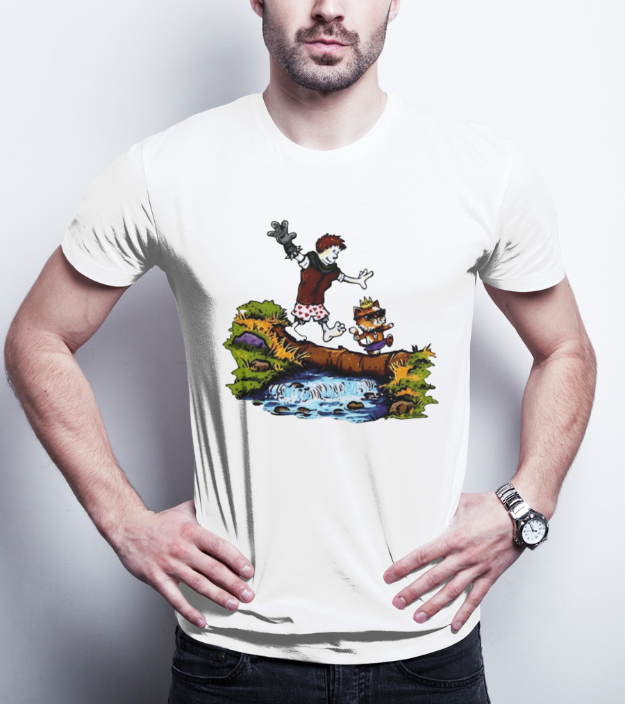 Boy And Crowned Cat Balancing On Log Over Stream T-Shirt