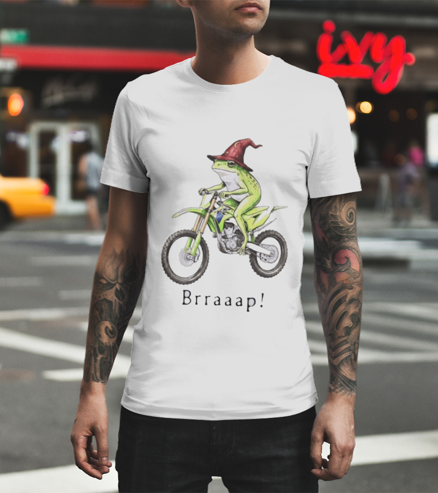 Brraaap Wizard Frog On Green Motocross Bike T-Shirt