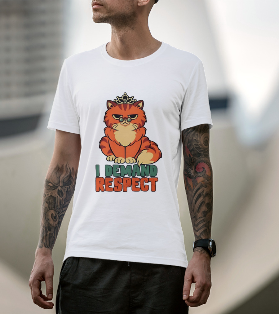 Cat With Crown I Demand Respect Pet Lover Distressed T-Shirt