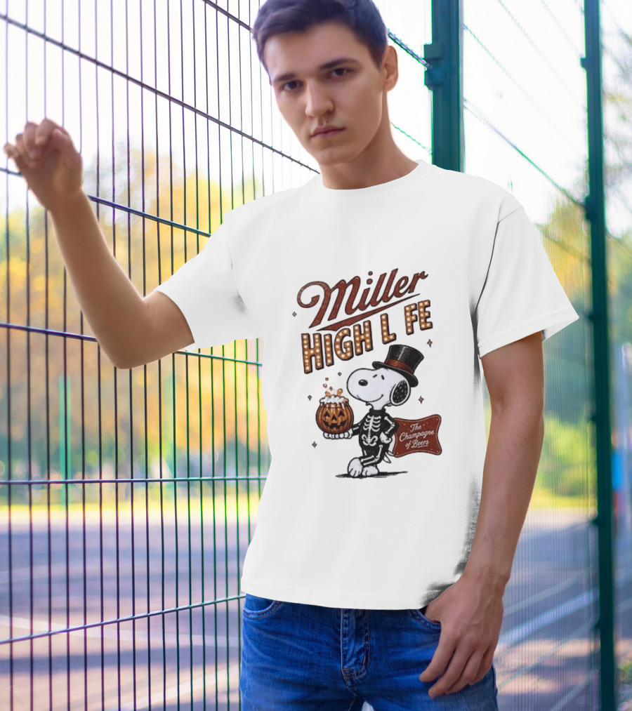 Miller High Life Snoopy Skeleton Halloween The Champagne Of Beers T-Shirt