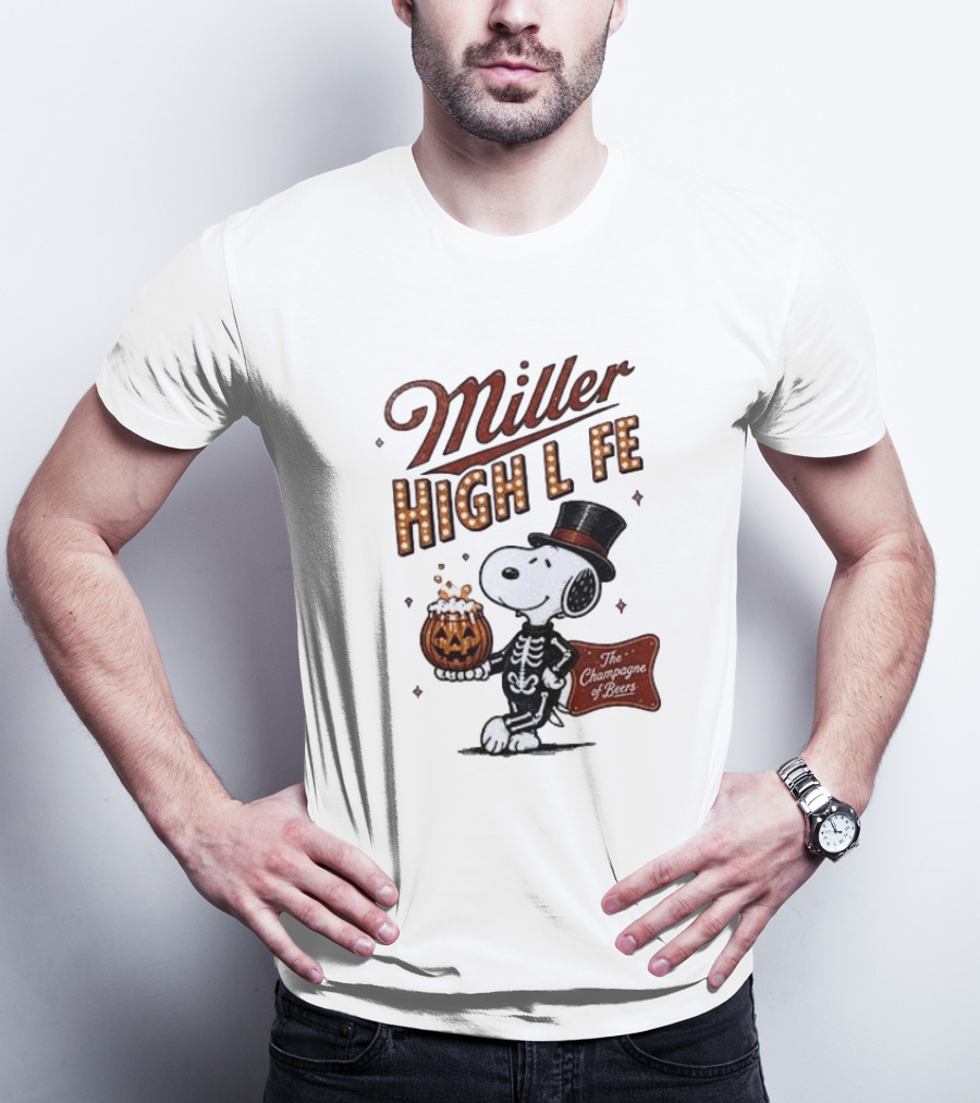 Miller High Life Snoopy Skeleton Halloween The Champagne Of Beers T-Shirt
