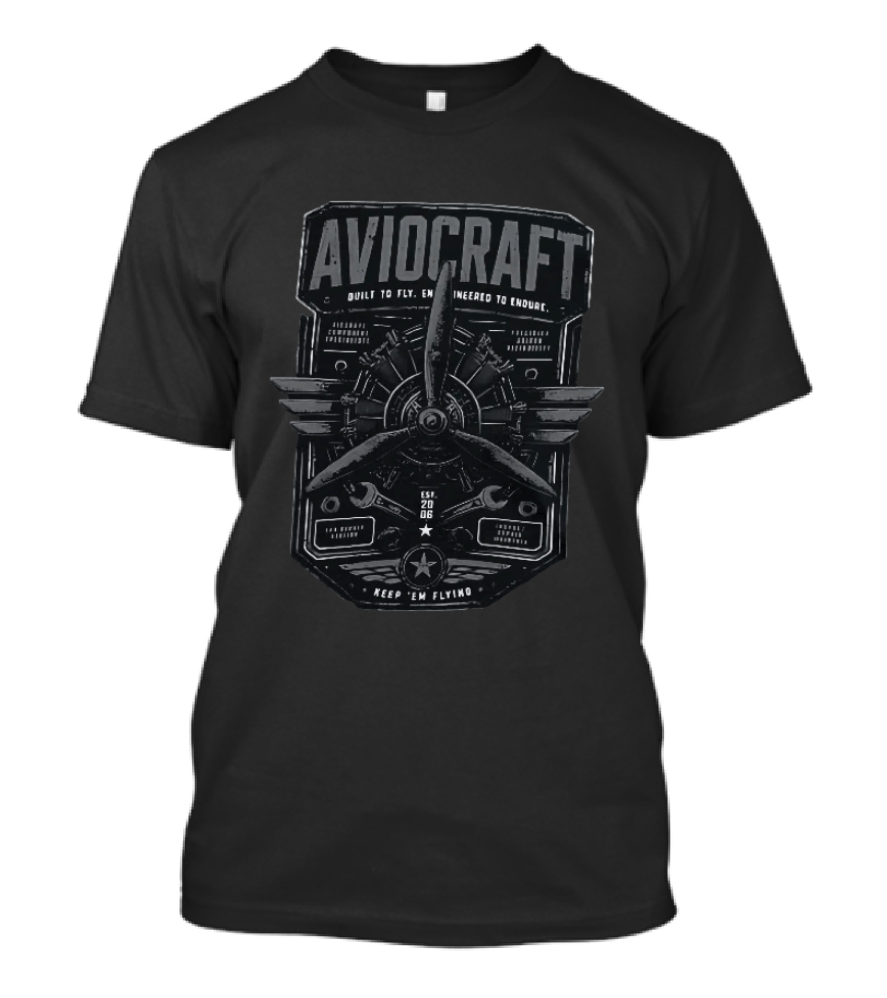 Aviocraft Built To Fly Engineered To Endure Est 20 06 Keep Em Flying Aircraft Aviation Enthusiasts Pilot Mechanic Vintage Motor Propeller Parts T-Shirt