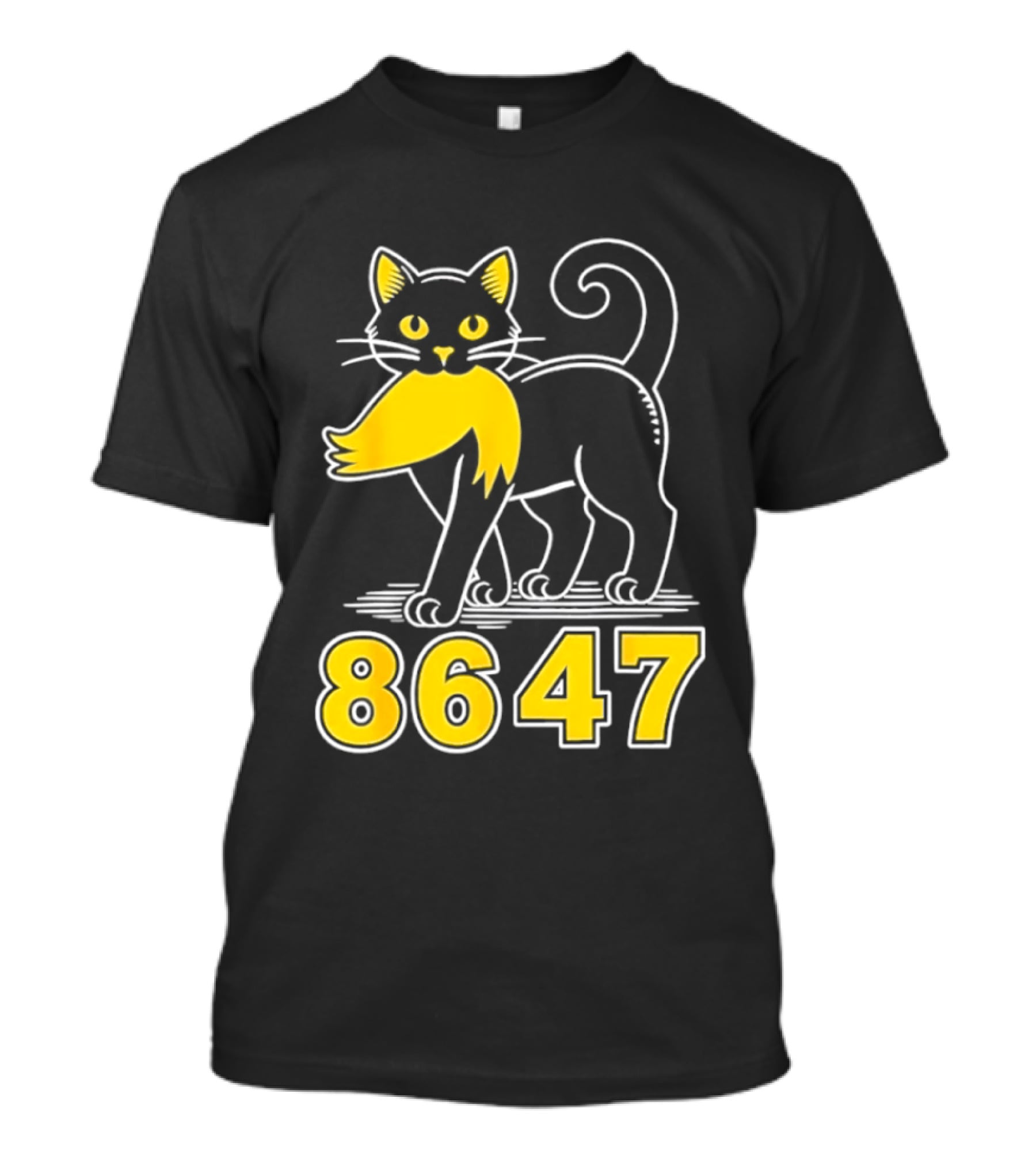 Black Cat 8647 Feline With Yellow Mustache T-Shirt