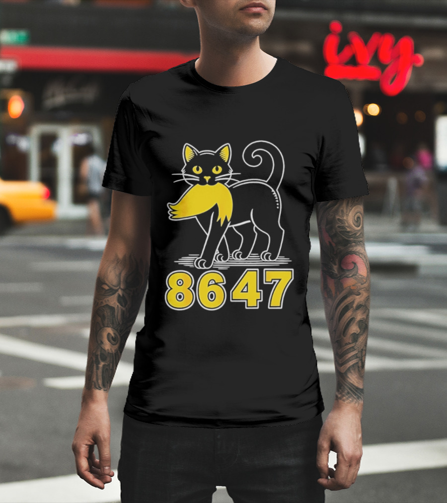 Black Cat 8647 Feline With Yellow Mustache T-Shirt