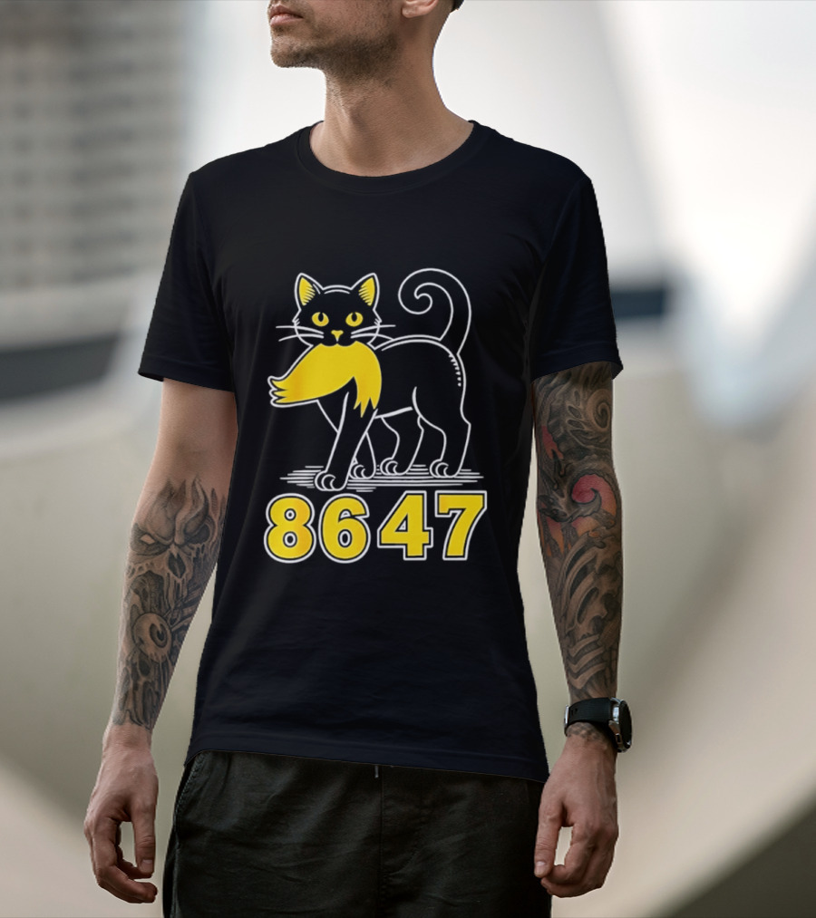 Black Cat 8647 Feline With Yellow Mustache T-Shirt