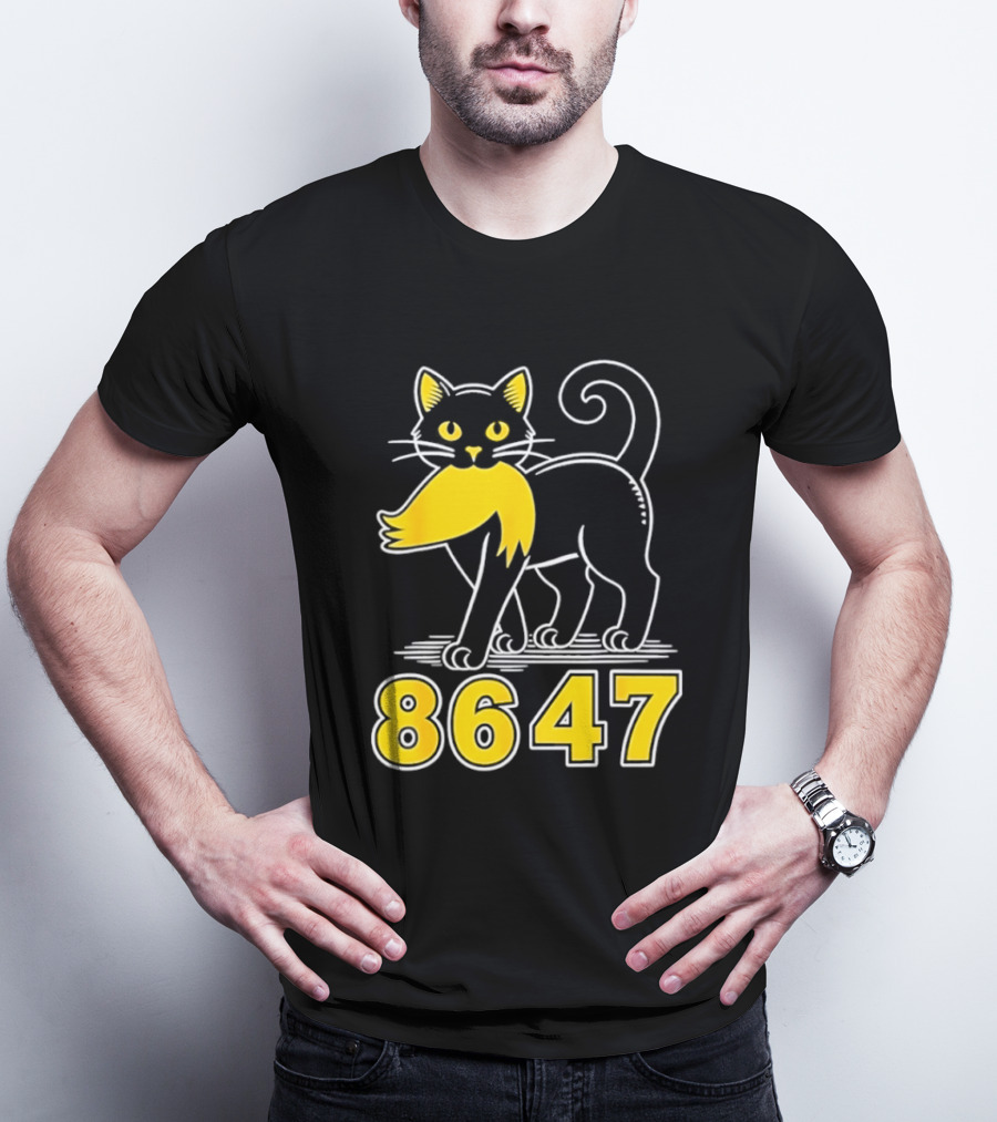 Black Cat 8647 Feline With Yellow Mustache T-Shirt
