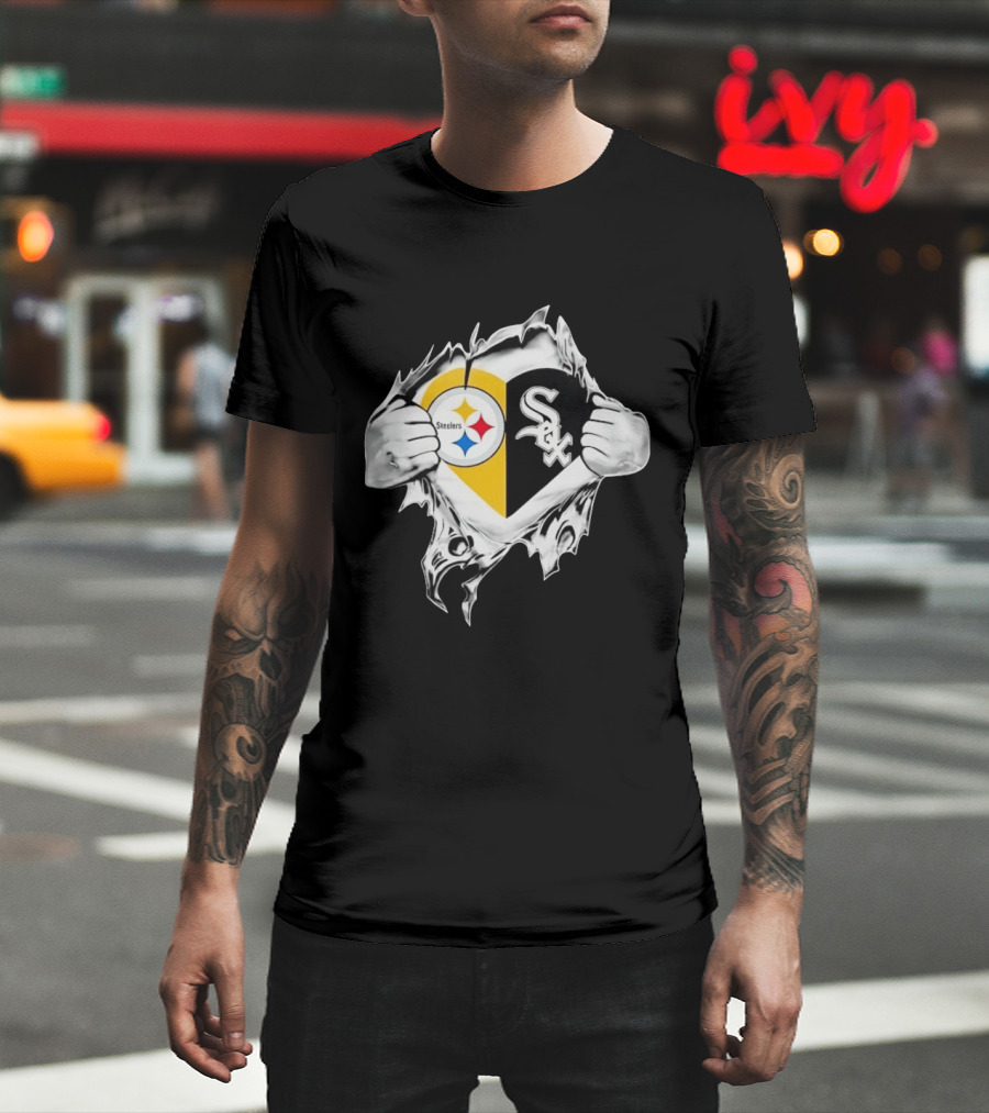 Pittsburgh Steelers Chicago White Sox Heart Superman Chest Rip T-Shirt