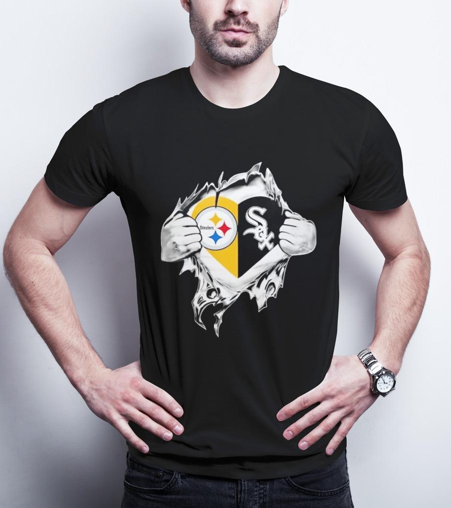 Pittsburgh Steelers Chicago White Sox Heart Superman Chest Rip T-Shirt