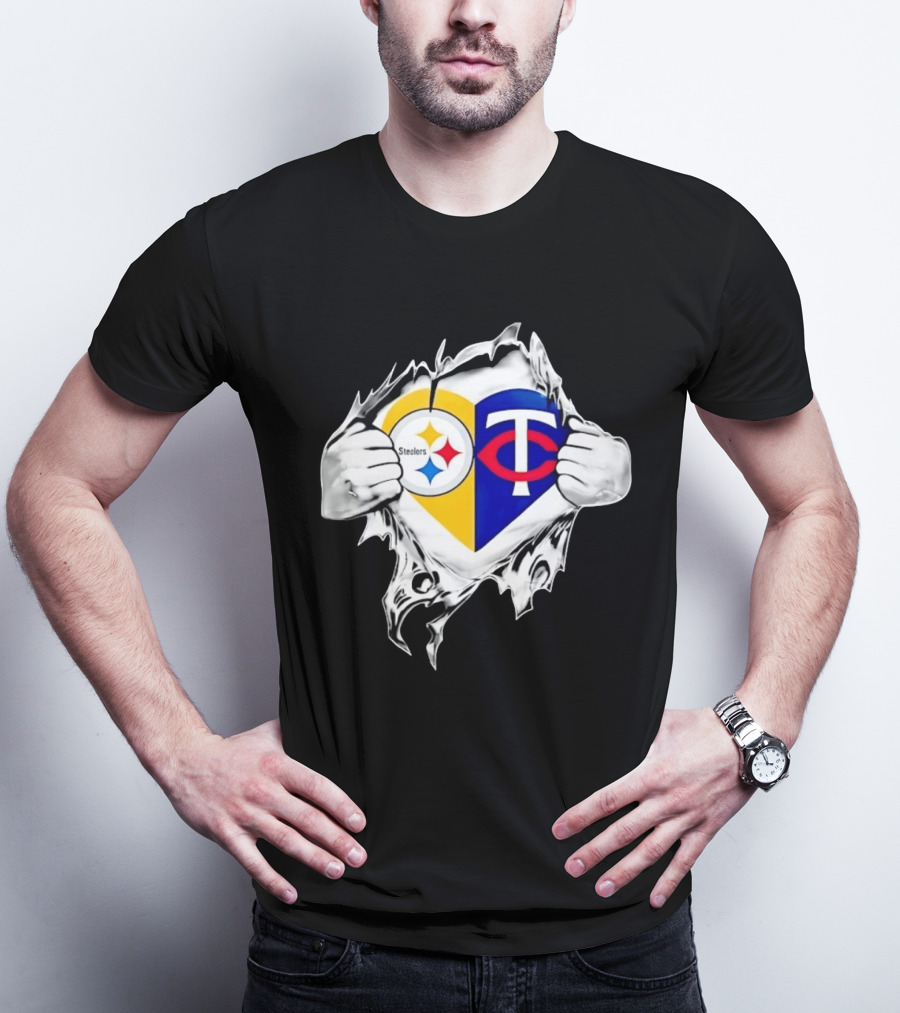Pittsburgh Steelers Minnesota Twins Heart Superman Chest Rip T-Shirt