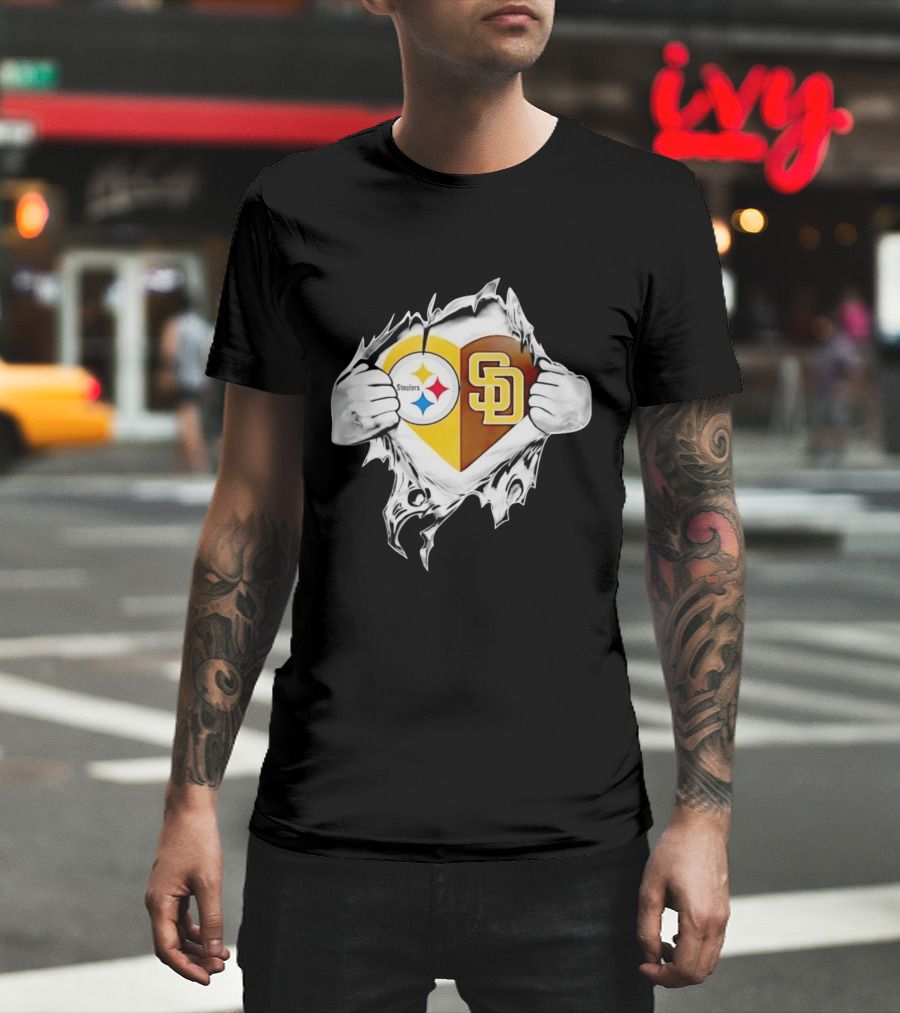 Pittsburgh Steelers San Diego Padres Heart Superman Chest Rip T-Shirt