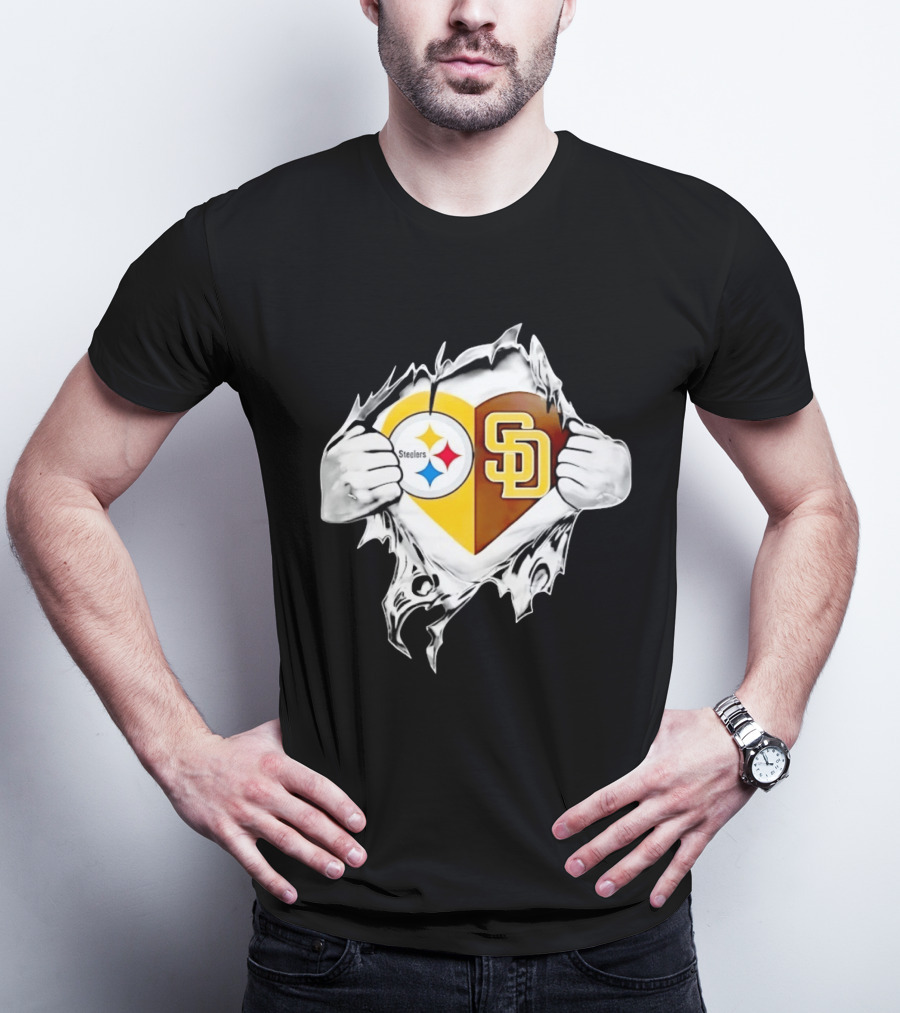 Pittsburgh Steelers San Diego Padres Heart Superman Chest Rip T-Shirt