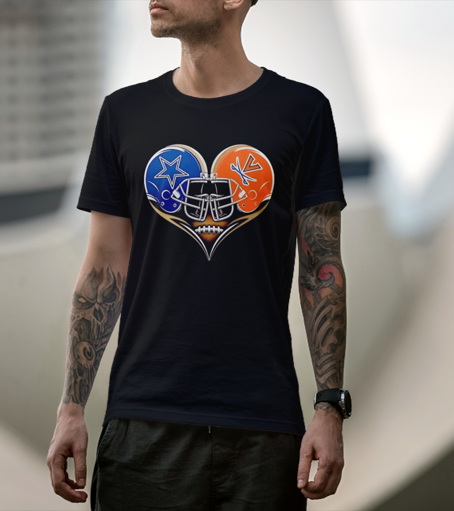Dallas Cowboys Virginia Cavaliers Heart Helmet Football Fusion T-Shirt