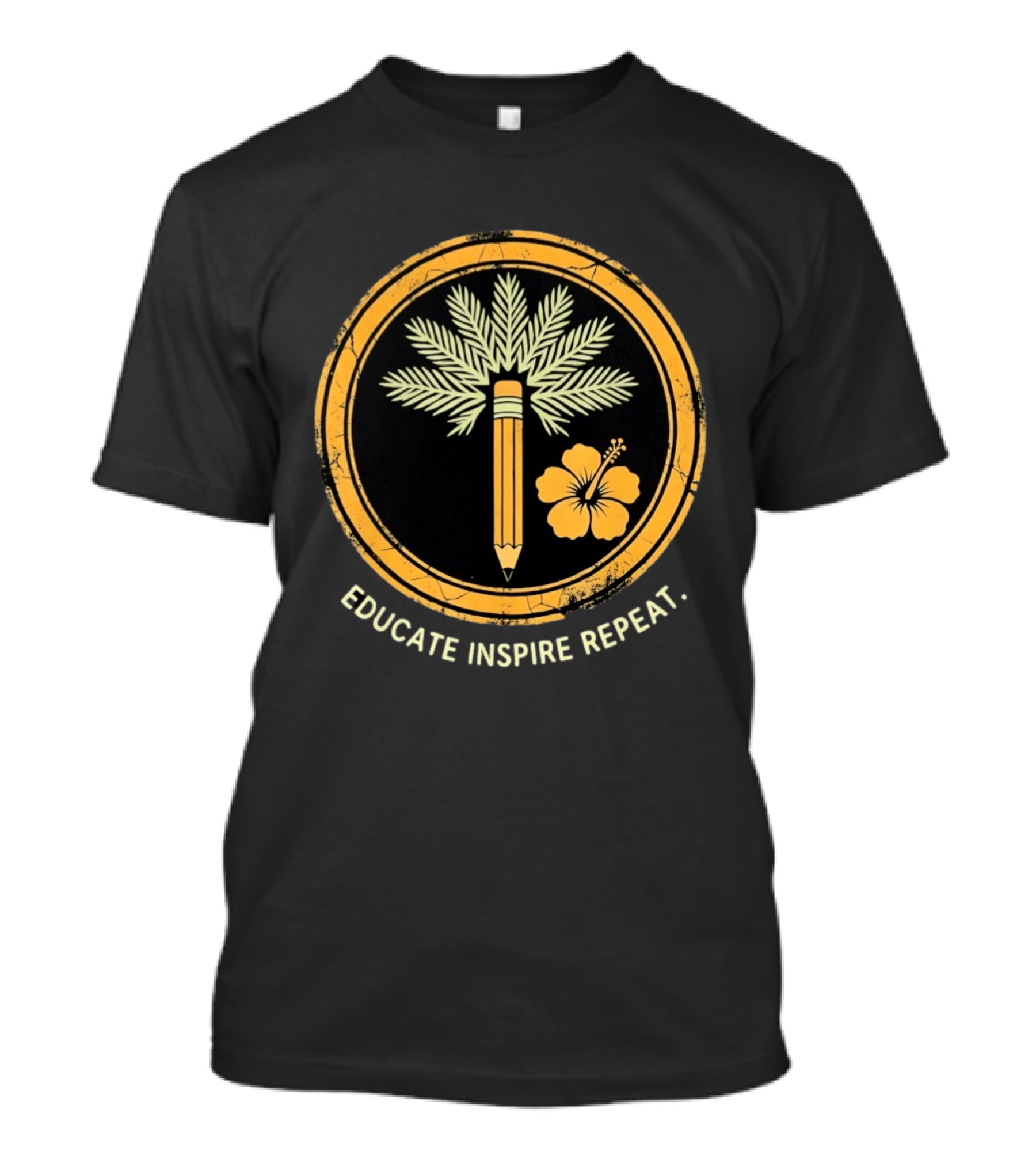 Distressed Educate Inspire Repeat Palm Tree Pencil Hibiscus T-Shirt