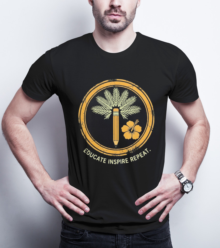 Distressed Educate Inspire Repeat Palm Tree Pencil Hibiscus T-Shirt