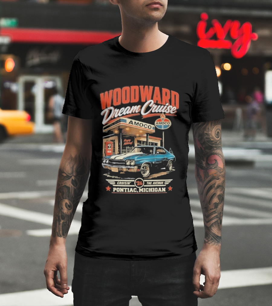 Woodward Dream Cruise Pontiac Michigan Amoco Service Station Classic Car T-Shirt