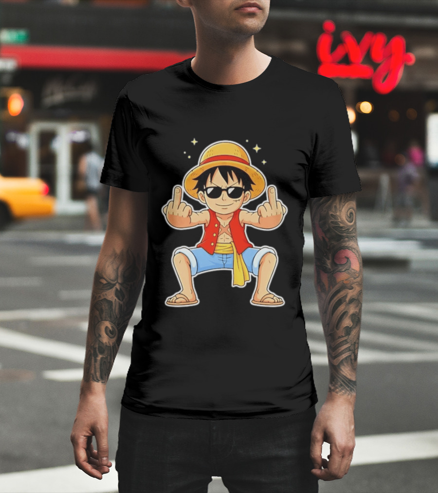 Monkey D Luffy Sunglasses Middle Finger Gesture Anime T-Shirt
