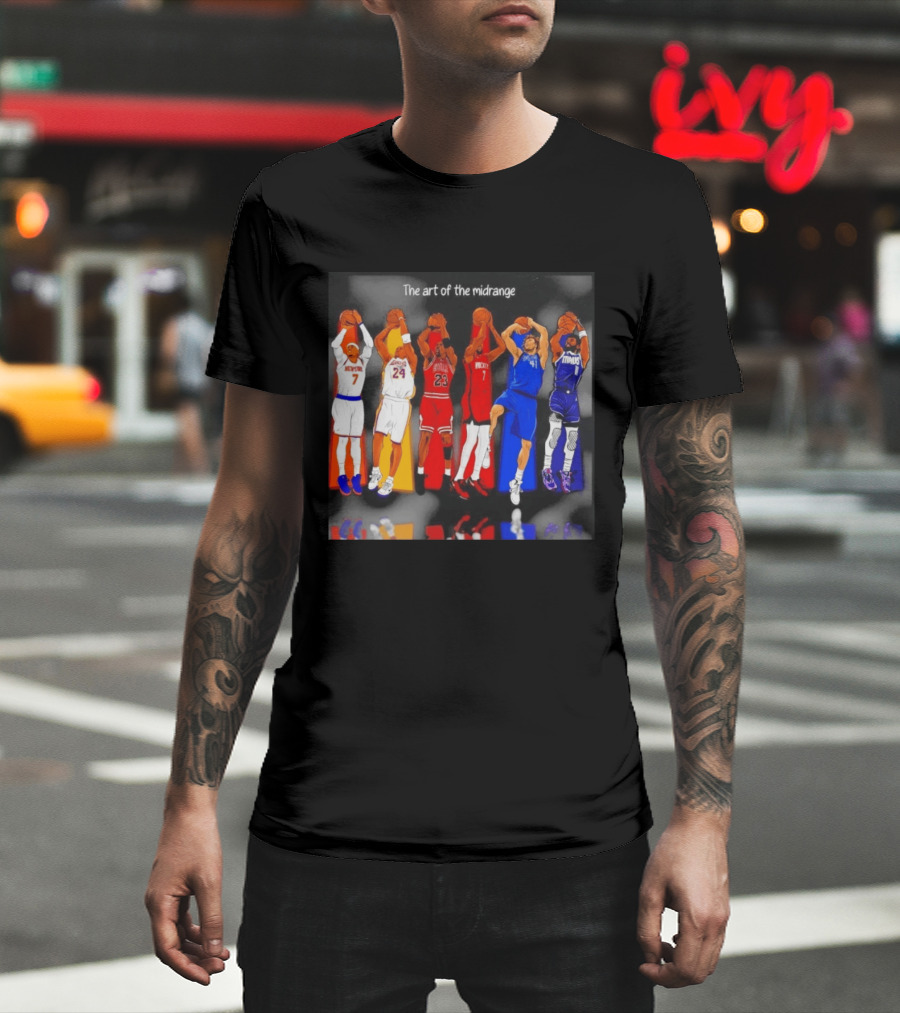 The Art Of The Midrange Basketball Legends Collage Knicks Lakers Bulls Rockets Mavericks T-Shirt