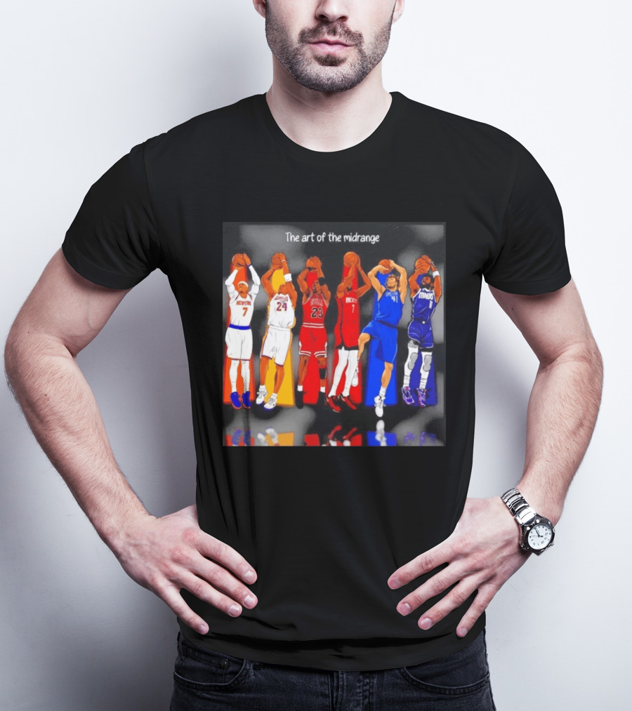 The Art Of The Midrange Basketball Legends Collage Knicks Lakers Bulls Rockets Mavericks T-Shirt