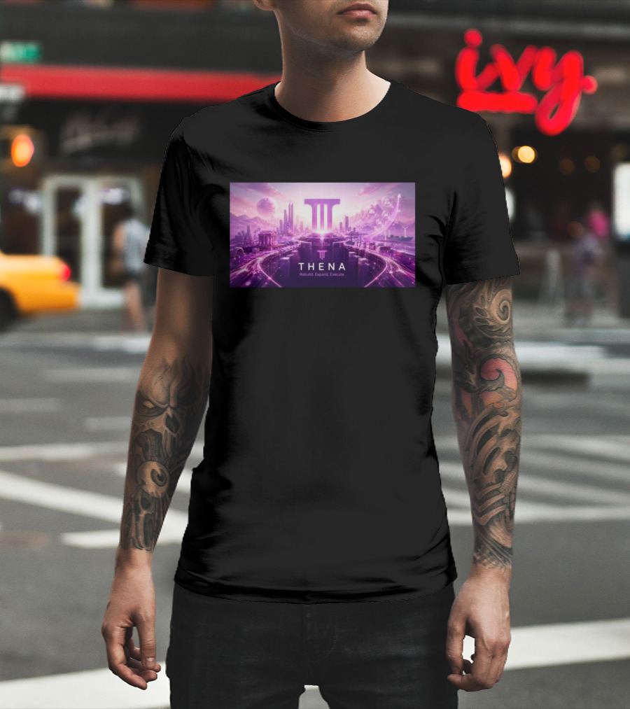 Thena Rebuild Expand Execute Futuristic Cityscape With Purple Skyline And Skyscrapers T-Shirt