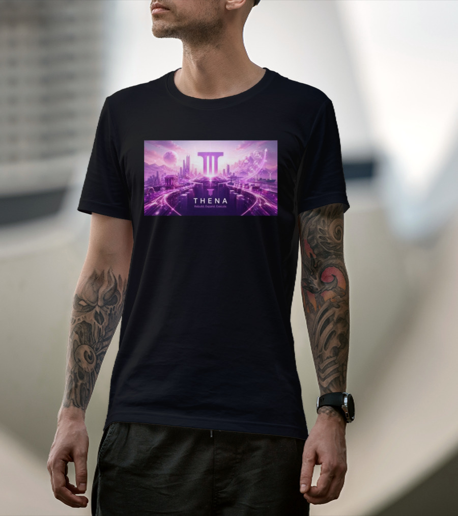Thena Rebuild Expand Execute Futuristic Cityscape With Purple Skyline And Skyscrapers T-Shirt