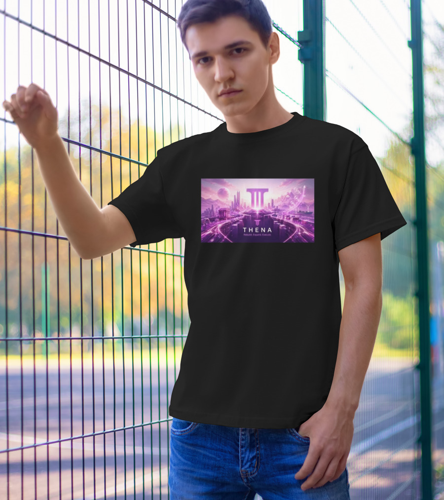 Thena Rebuild Expand Execute Futuristic Cityscape With Purple Skyline And Skyscrapers T-Shirt