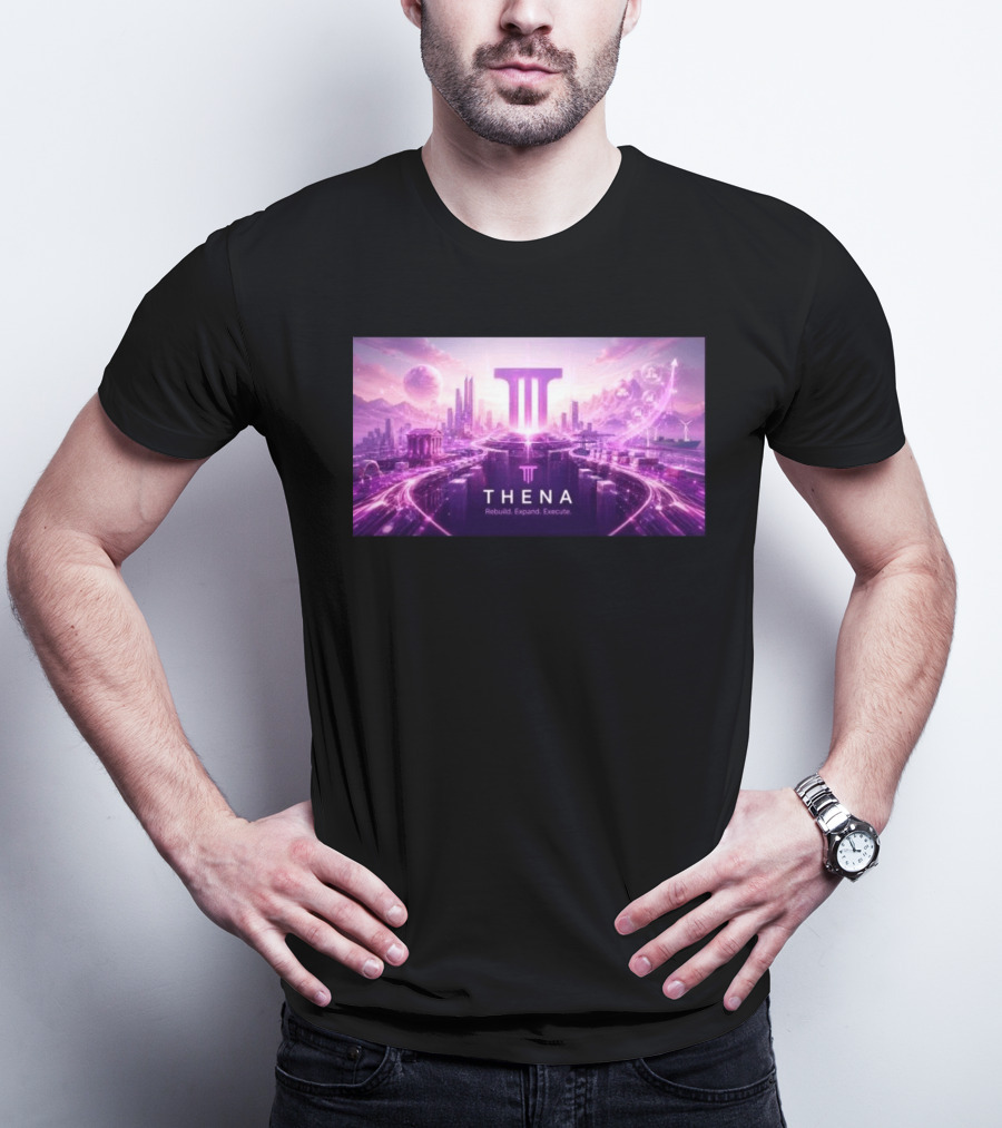 Thena Rebuild Expand Execute Futuristic Cityscape With Purple Skyline And Skyscrapers T-Shirt