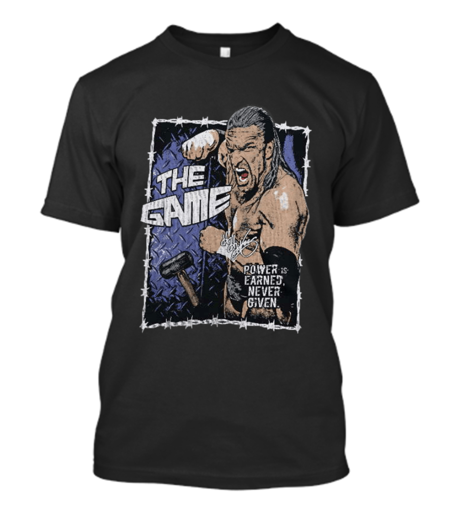 Triple H The Game WWE Power Is Earned Never Given Barbed Wire Signature Sledgehammer T-Shirt