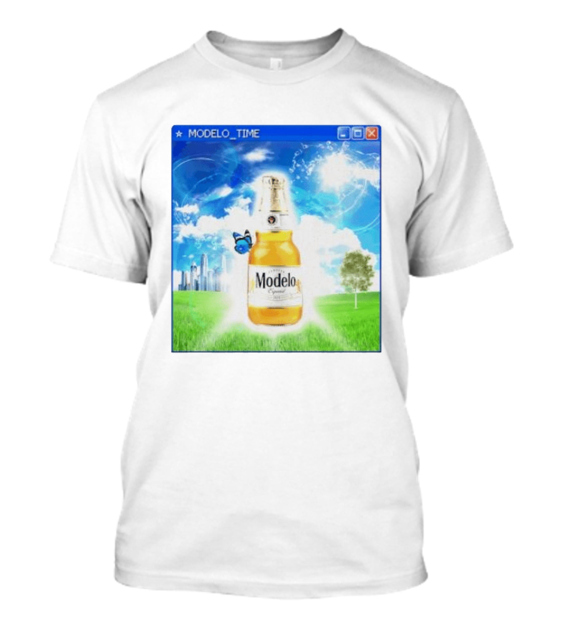 Modelo Time Frutiger Aero Aesthetic Butterfly Bottle Clouds Cityscape T-Shirt