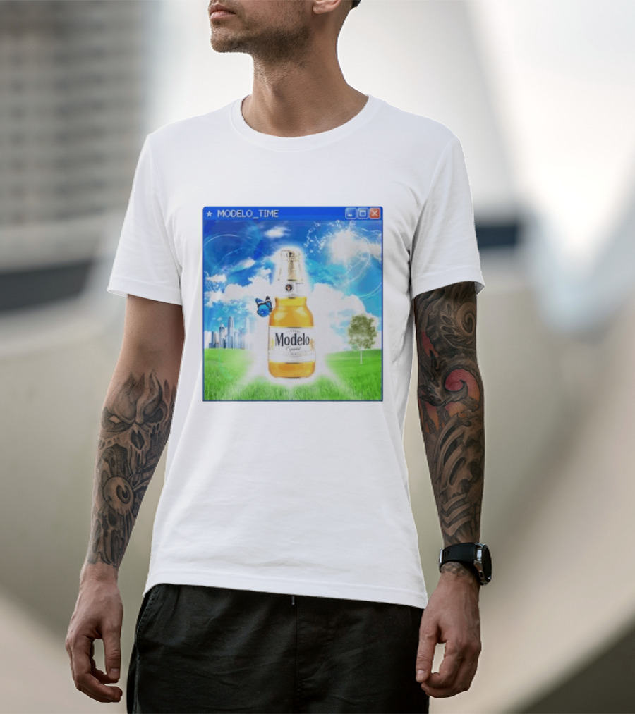 Modelo Time Frutiger Aero Aesthetic Butterfly Bottle Clouds Cityscape T-Shirt
