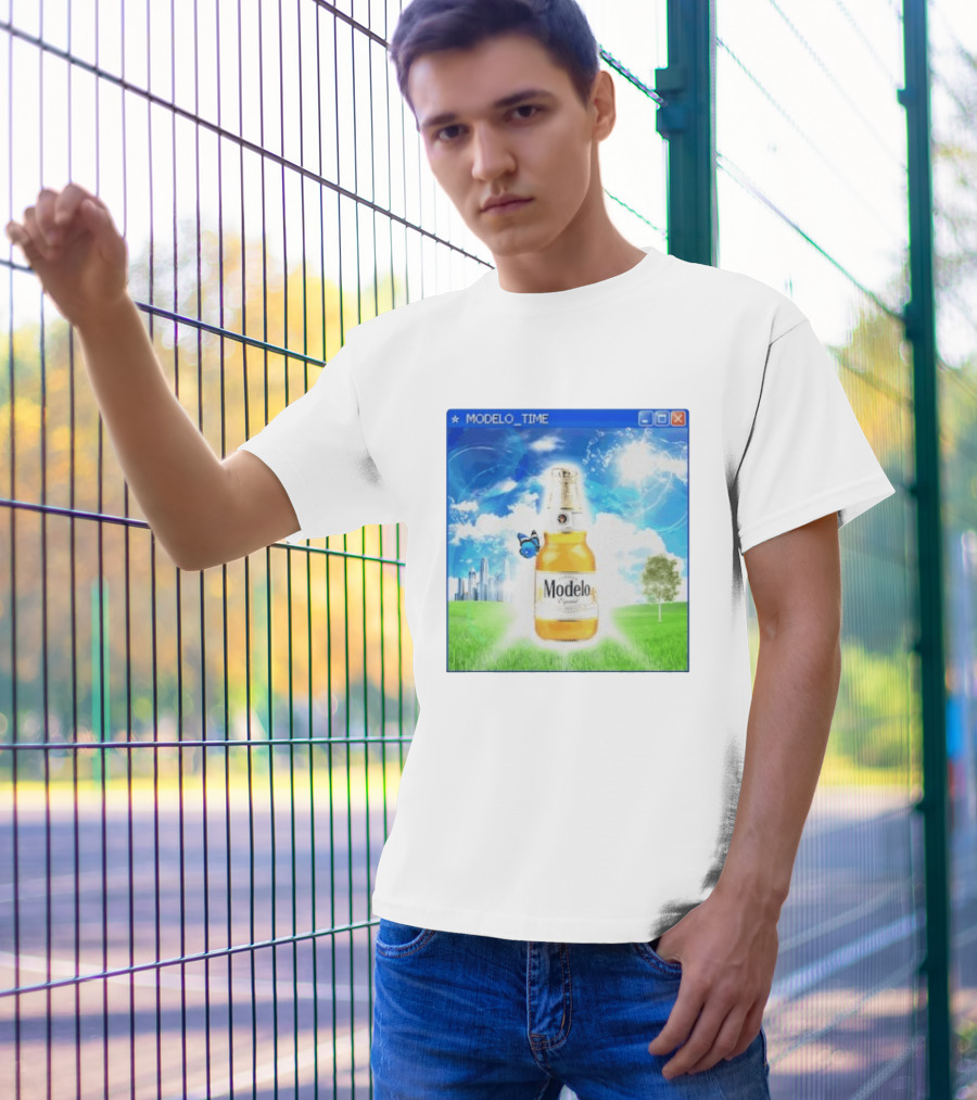 Modelo Time Frutiger Aero Aesthetic Butterfly Bottle Clouds Cityscape T-Shirt