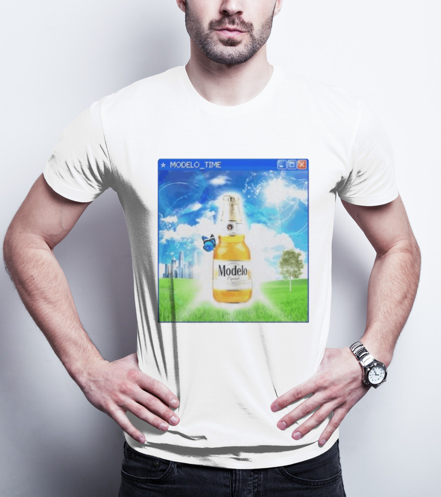 Modelo Time Frutiger Aero Aesthetic Butterfly Bottle Clouds Cityscape T-Shirt