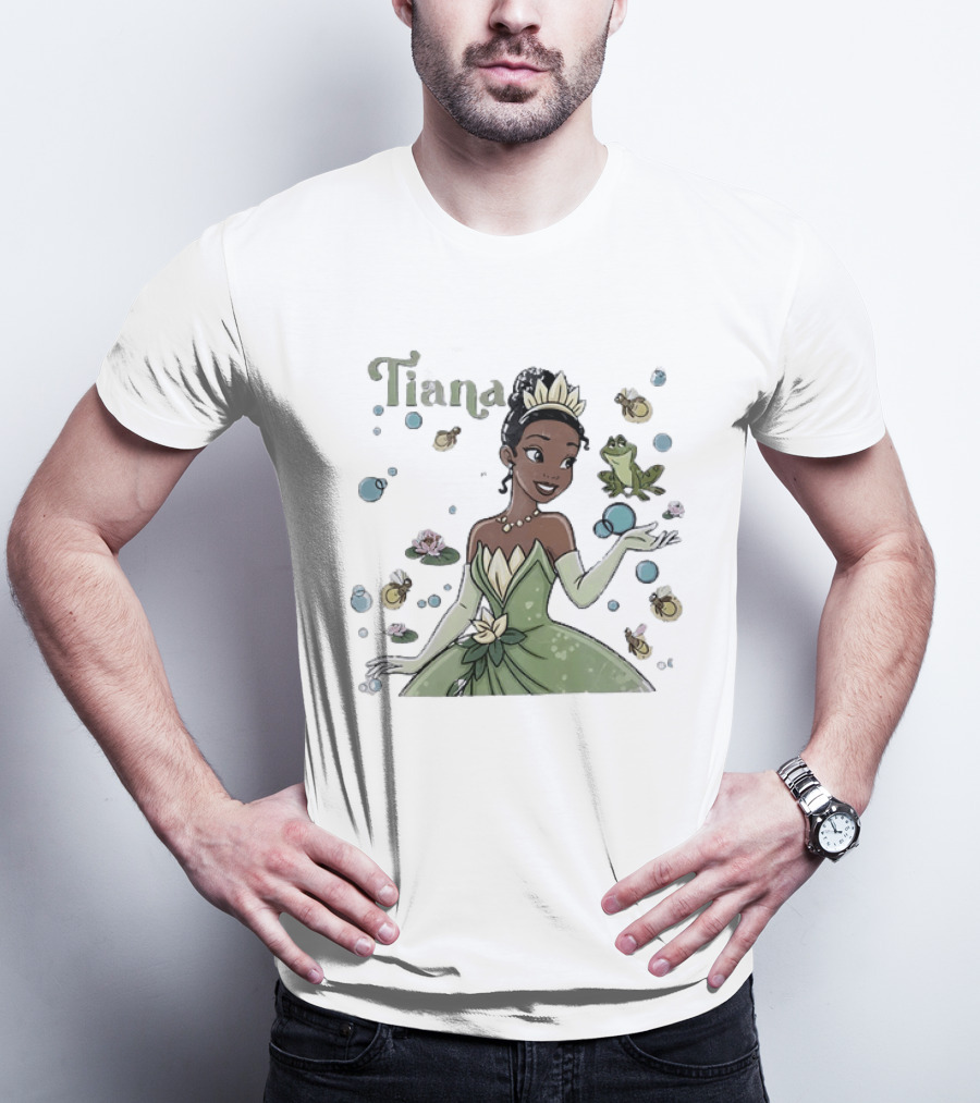 Tiana Disney Princess With Frog Fireflies And Water Lilies T-Shirt