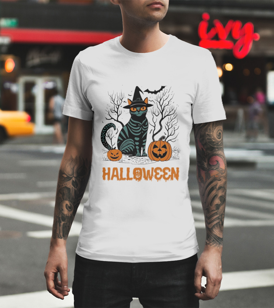Halloween Skeleton Cat Witch Hat Pumpkins Spooky Forest Scene T-Shirt