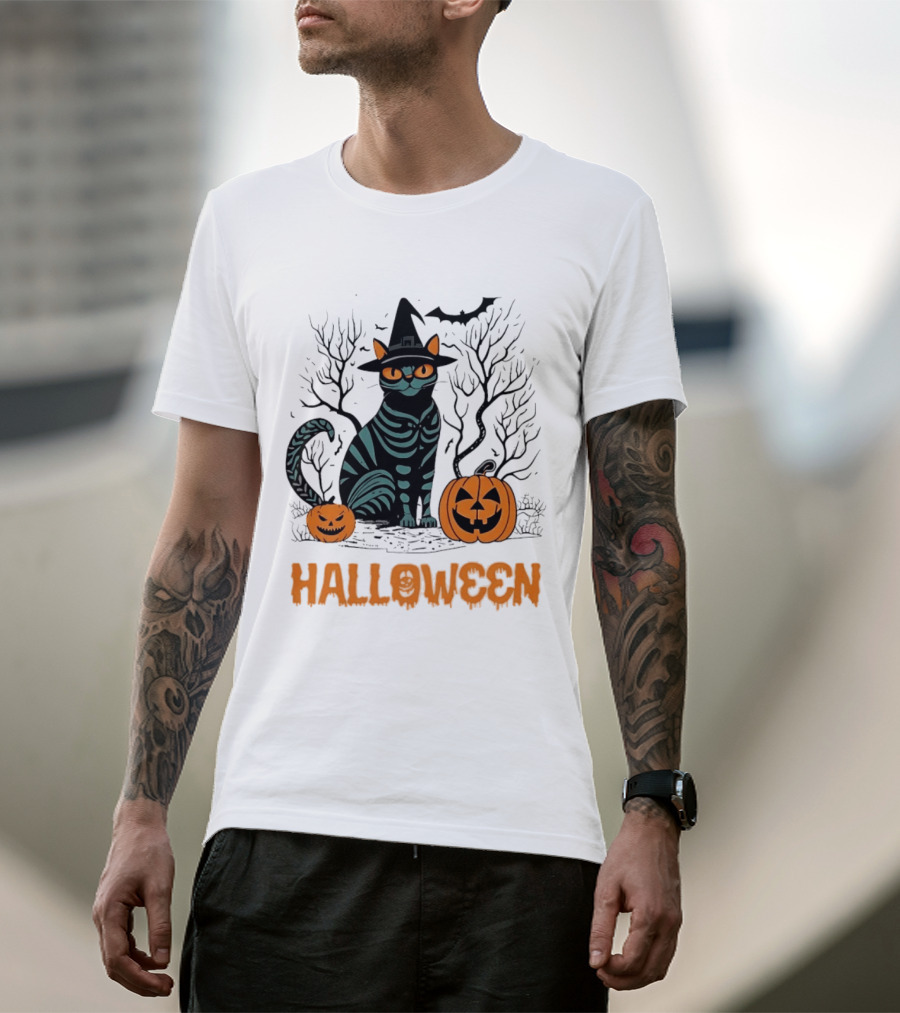 Halloween Skeleton Cat Witch Hat Pumpkins Spooky Forest Scene T-Shirt