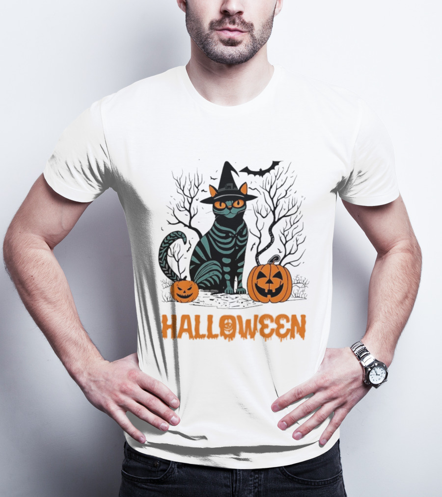 Halloween Skeleton Cat Witch Hat Pumpkins Spooky Forest Scene T-Shirt