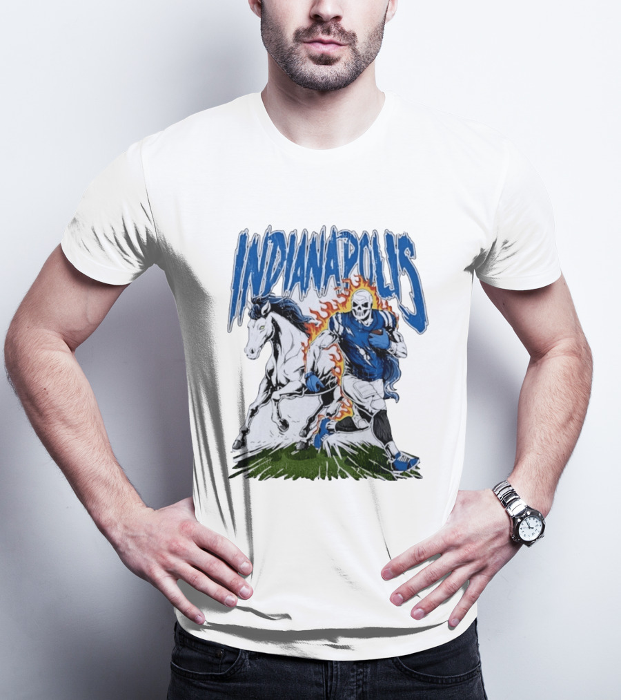Indianapolis Football Skull And Horse Sports Flame Player Running T-Shirt