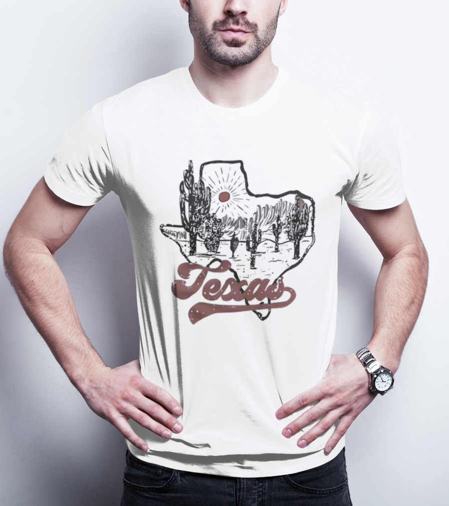 Texas Cacti Sun Rays Desert Scene Map T-Shirt