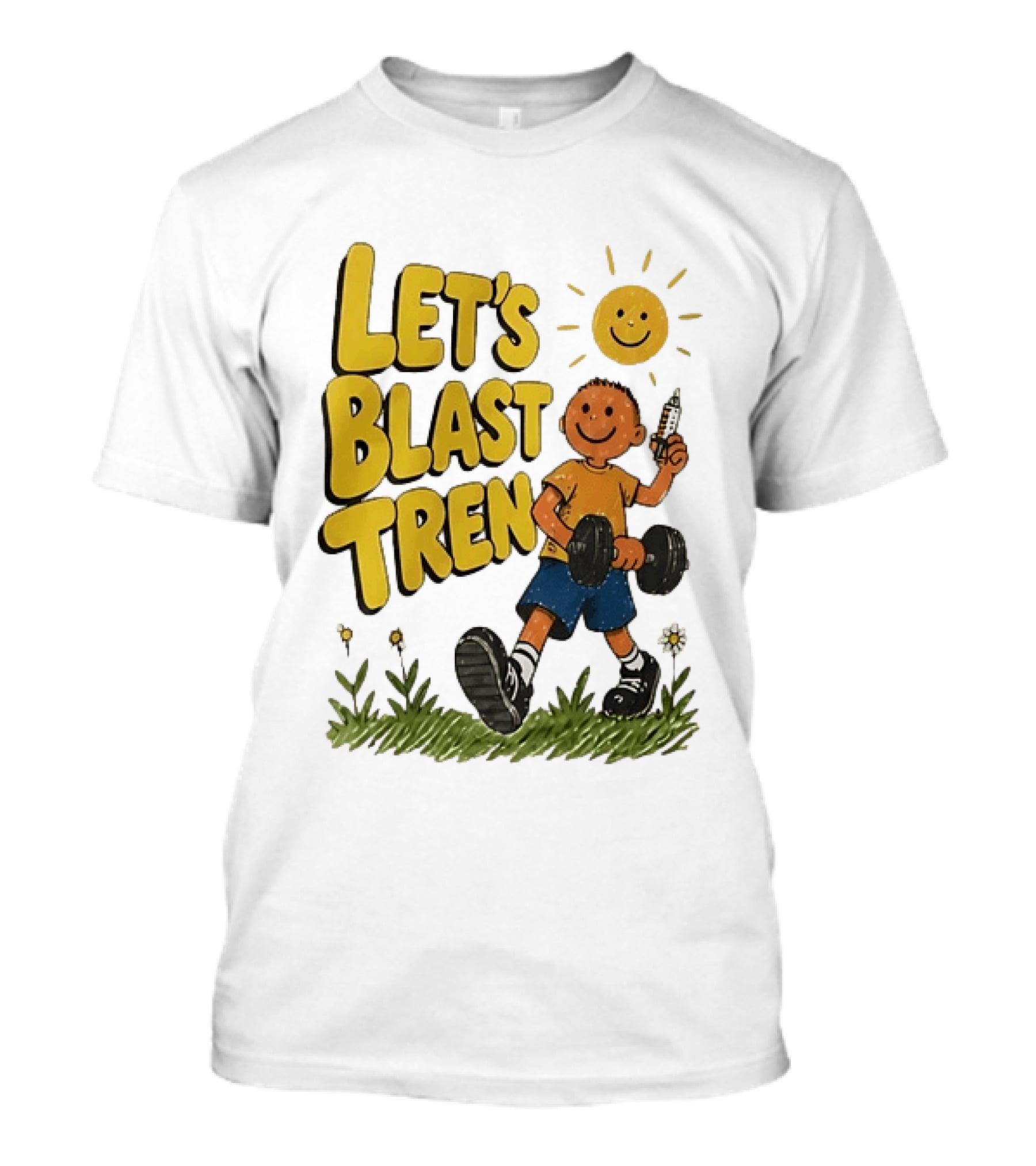 Let's Blast Tren Bodybuilding Fitness Workout Cartoon Dumbbell Sun T-Shirt