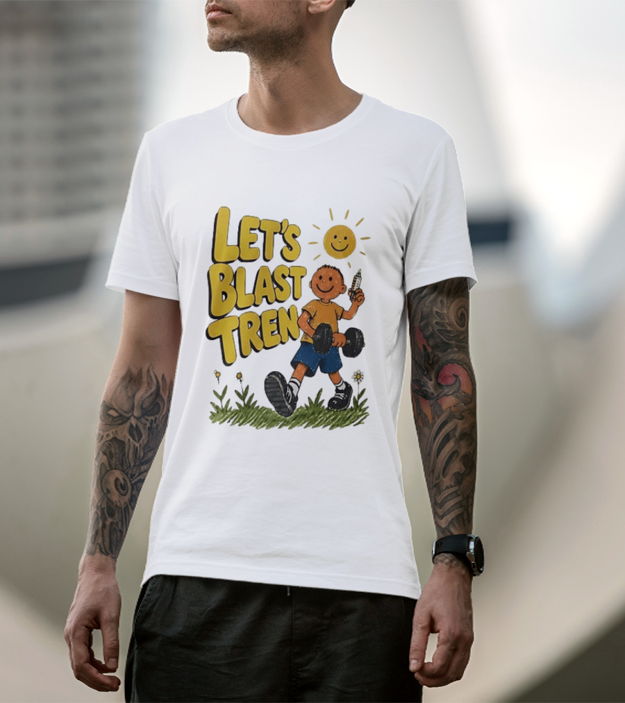 Let's Blast Tren Bodybuilding Fitness Workout Cartoon Dumbbell Sun T-Shirt