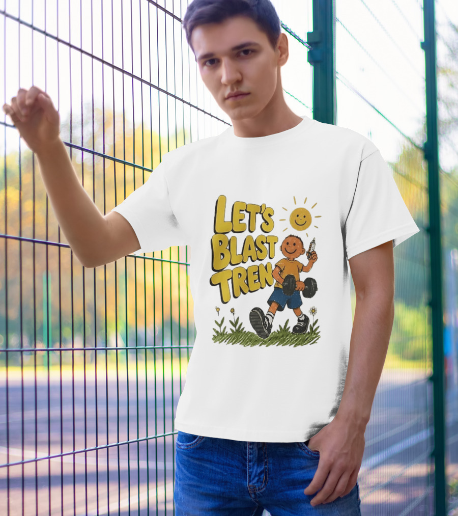 Let's Blast Tren Bodybuilding Fitness Workout Cartoon Dumbbell Sun T-Shirt