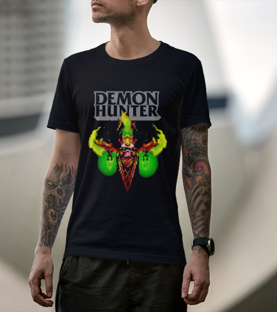 Demon Hunter Skull World Of Warcraft Emblem With Green Flame Accents T-Shirt