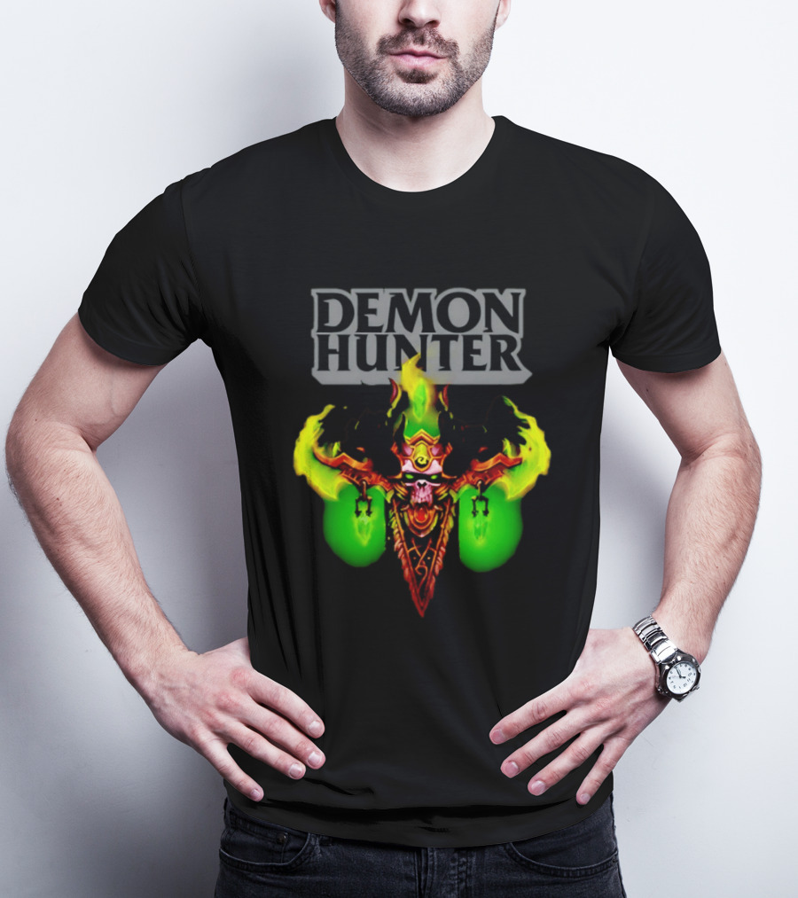 Demon Hunter Skull World Of Warcraft Emblem With Green Flame Accents T-Shirt
