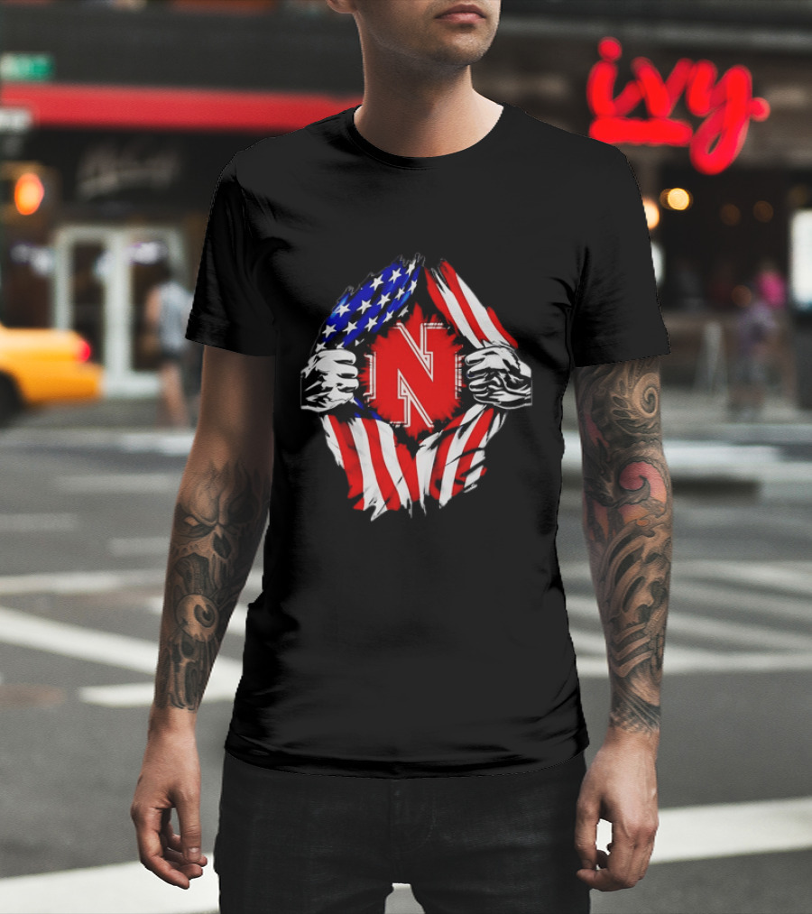Nebraska Cornhuskers N Logo Ripped American Flag T-Shirt