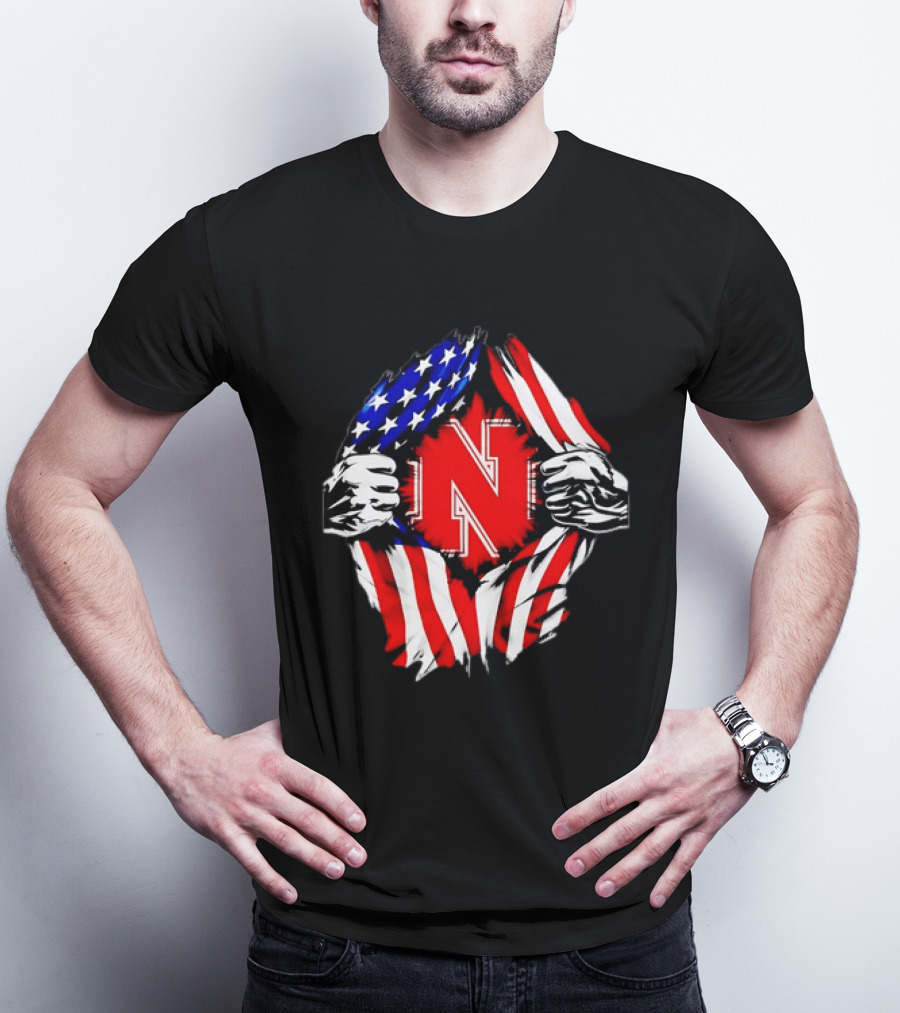 Nebraska Cornhuskers N Logo Ripped American Flag T-Shirt